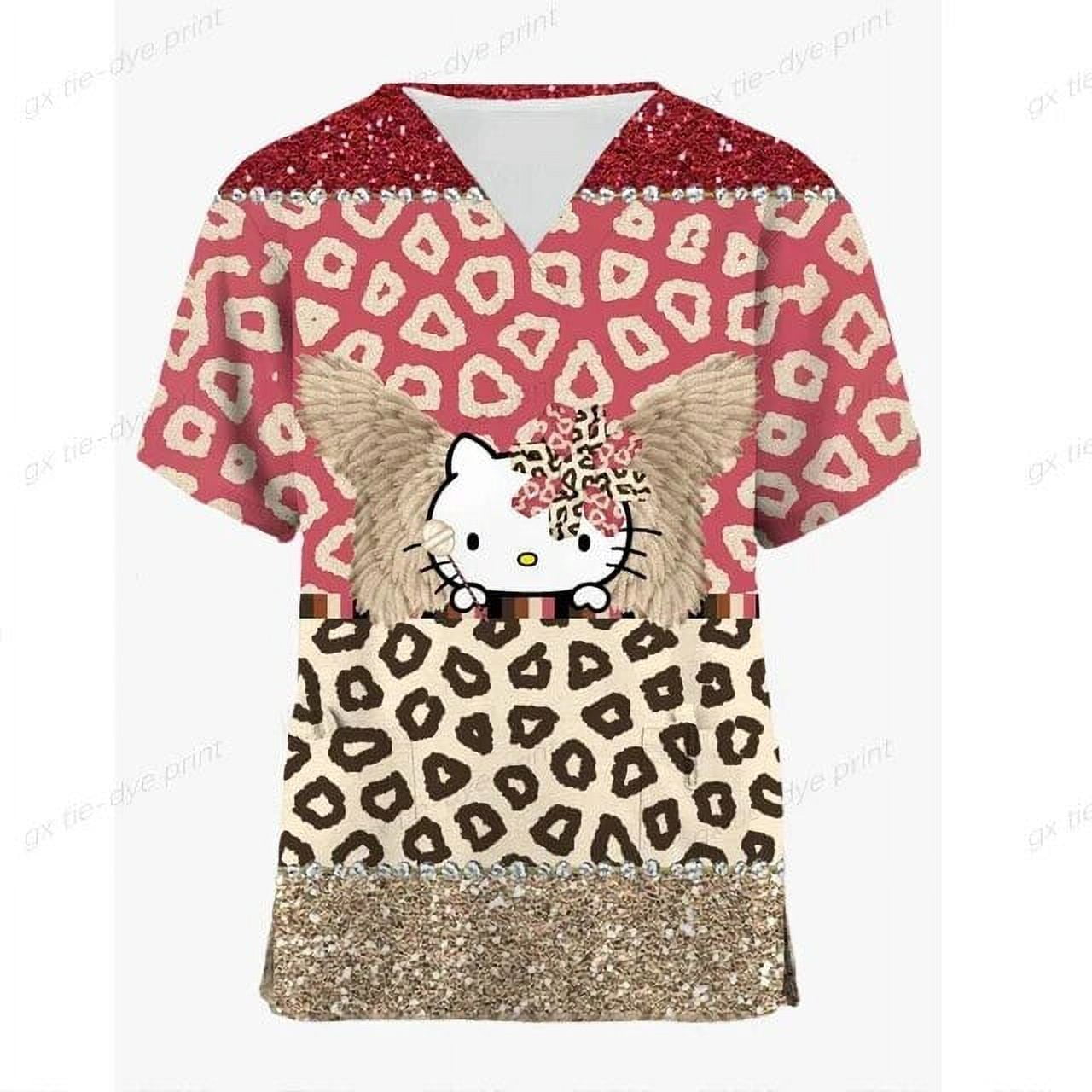 Cartoon Hello Kitty Print Nursing Scrubs Women Tops Short Sleeve V-neck ...