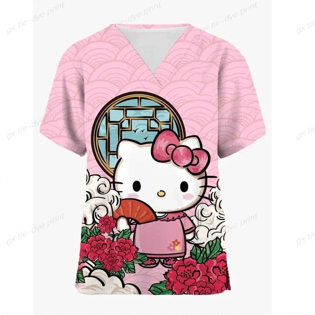 Cartoon Hello Kitty Print Nursing Scrubs Women Tops Short Sleeve V-neck ...