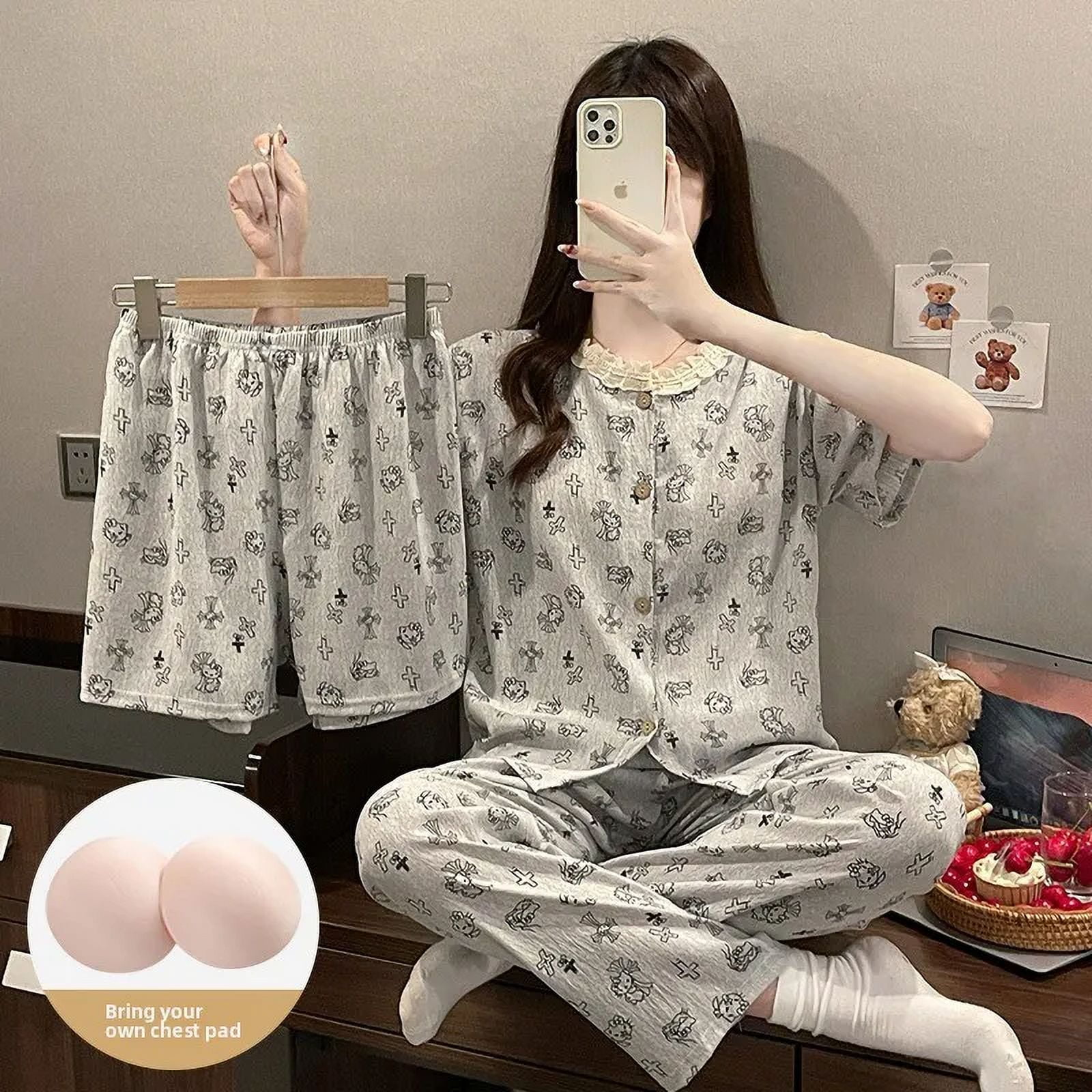 Cartoon Hello Kitty pajamas new pure cotton Sanrio loungewear three-piece set with chest pad ...