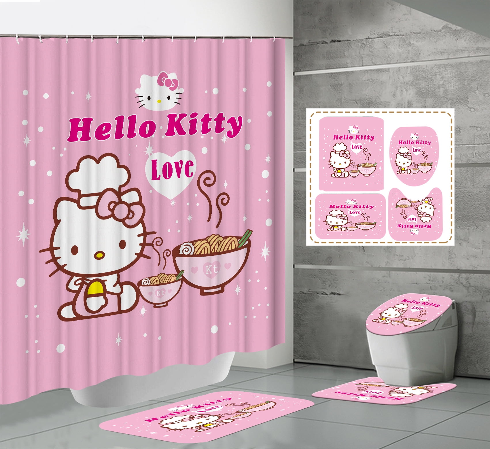 Cartoon Hello-kitty 4 Piece Cute Shower Curtain Set - with Non-Slip ...
