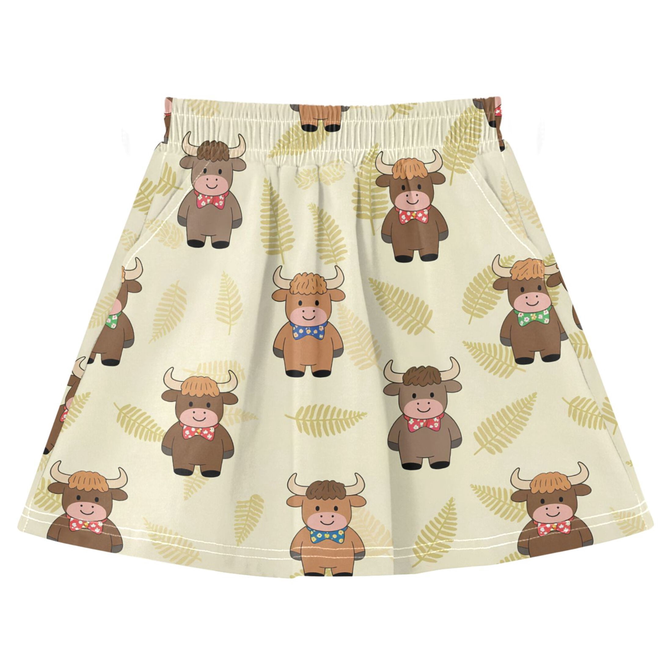 Cartoon Highland Cattle Athletic Skirt with Pockets and Built-in Shorts ...