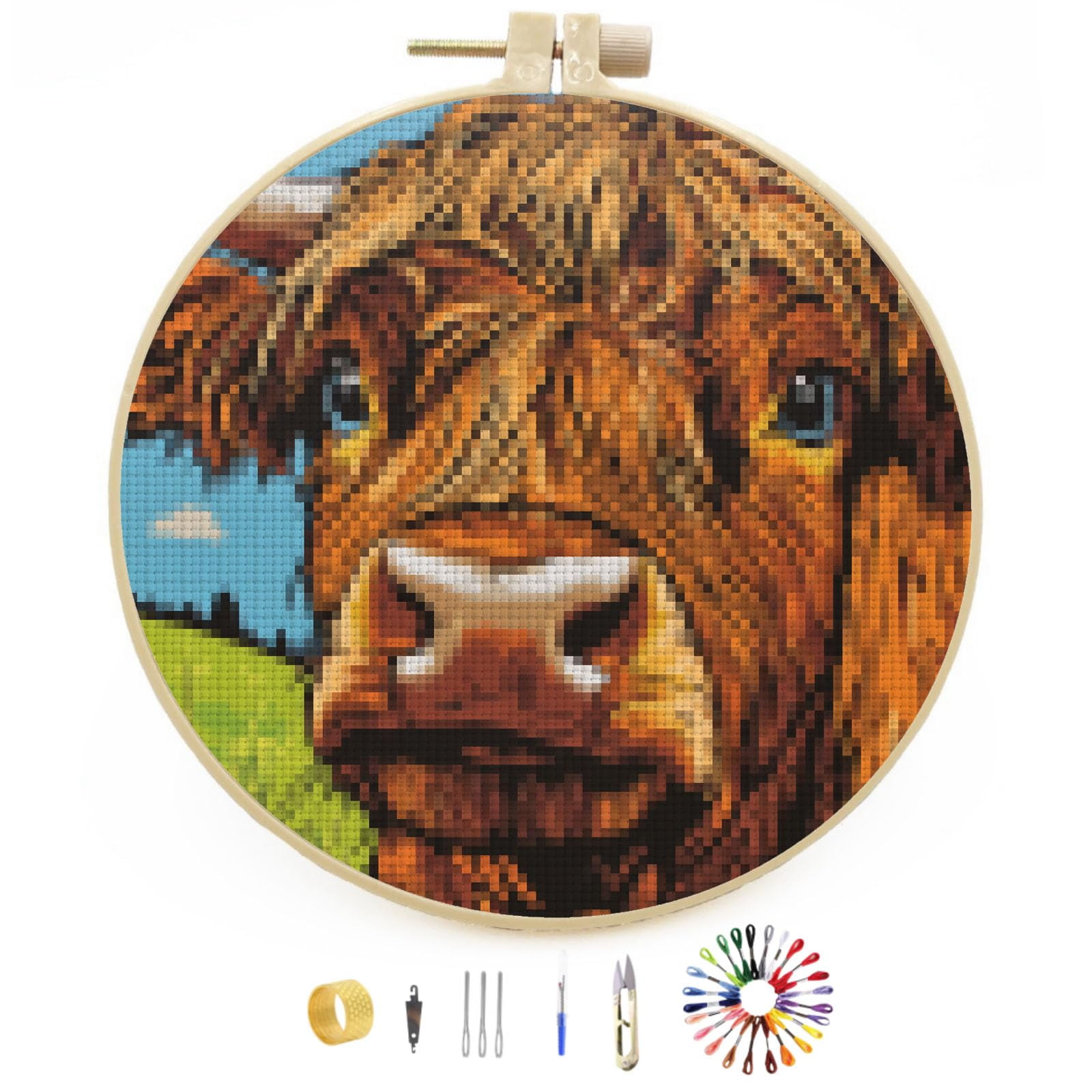Cartoon Highland Cow DIY Stamped Cross Stitch Kits Easy for Beginners with Hoop 11CT Counted ...