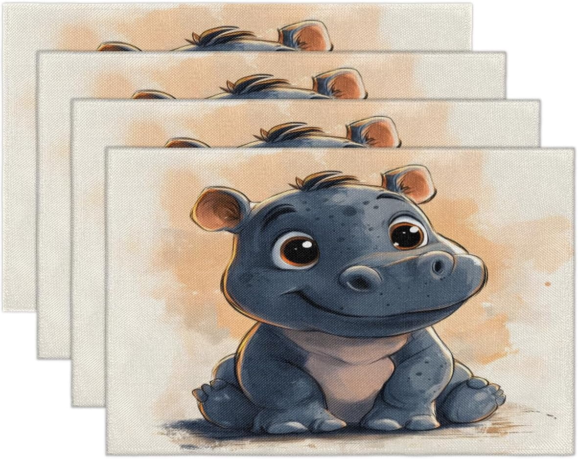 Cartoon Hippo Placemats Set of 4 Linen Fabric Place Mats Heat Resistant ...
