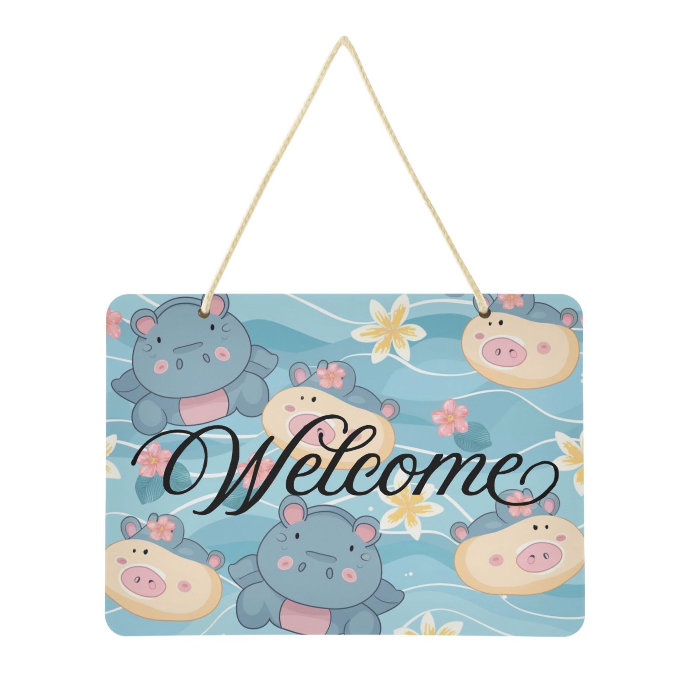 Cartoon Hippo and Flowers Welcome Sign Front Door PVC 14x10 inch Hanger ...