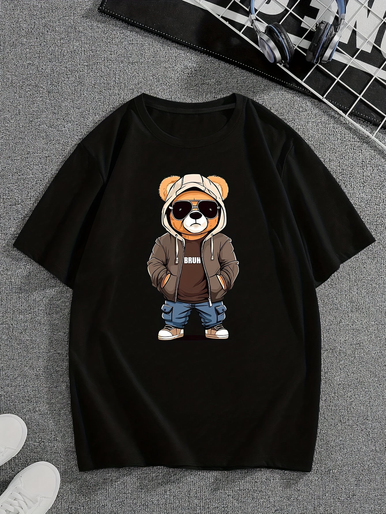 Cartoon Hoodie Bear Pattern Men's Casual Short Sleeve Crew Neck T-shirt ...