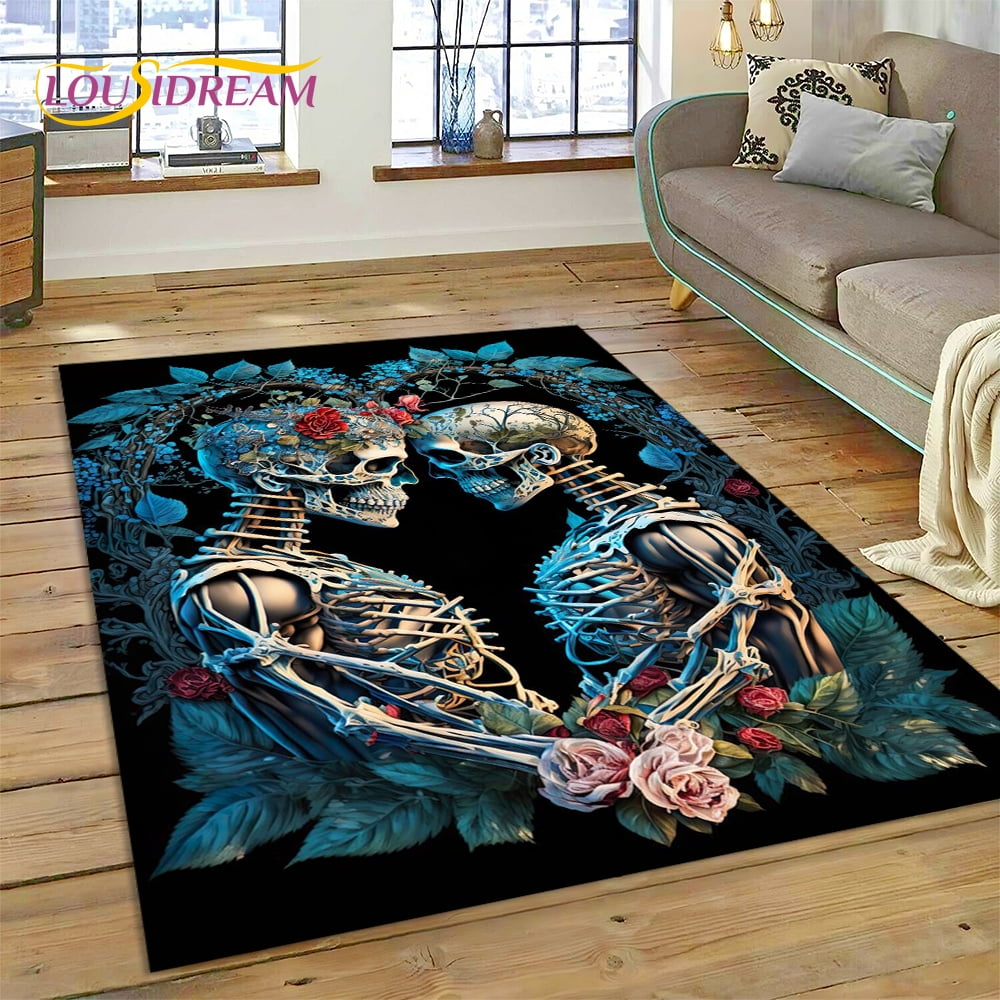 Cartoon Horrible Gothic Skull Flowers Carpet Rug for Home Living Room ...