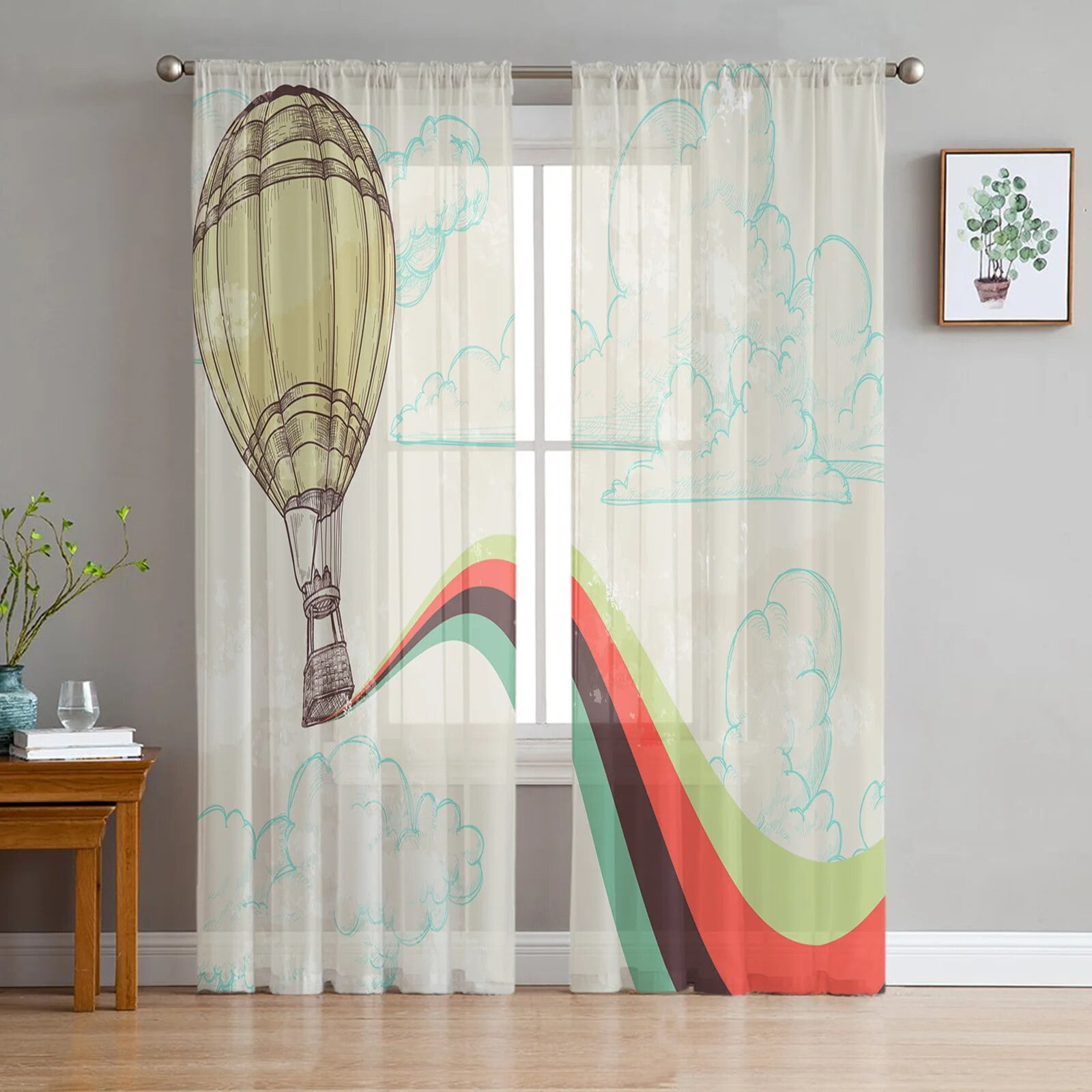 Cartoon Hot Air Balloon Print Sheer Window Panel Curtains Room for ...