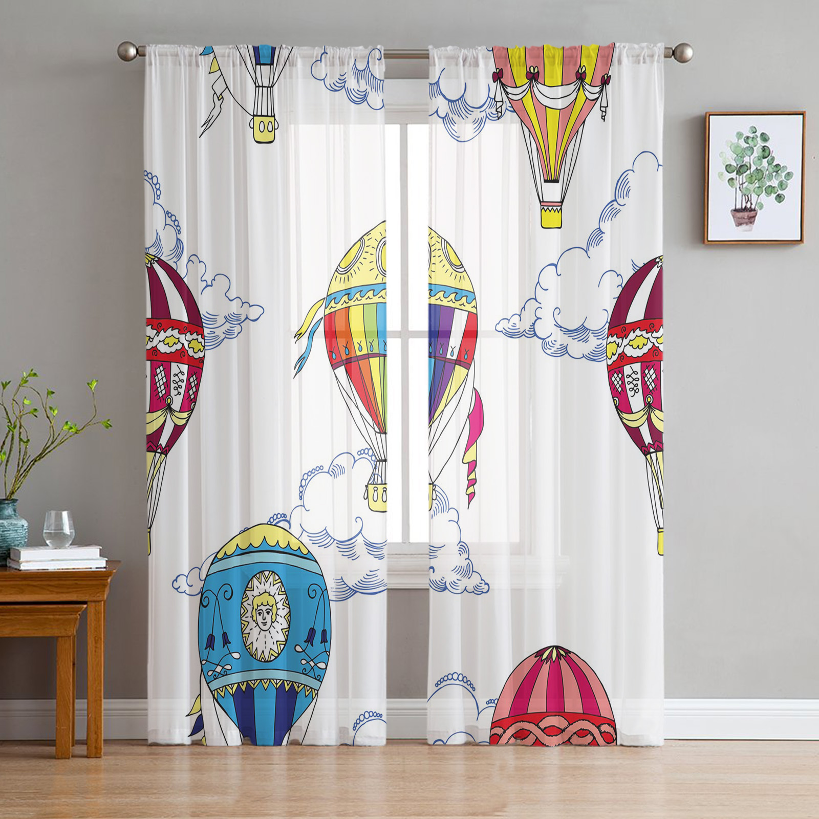 Cartoon Hot Air Balloon Print Sheer Window Panel Curtains Room for ...