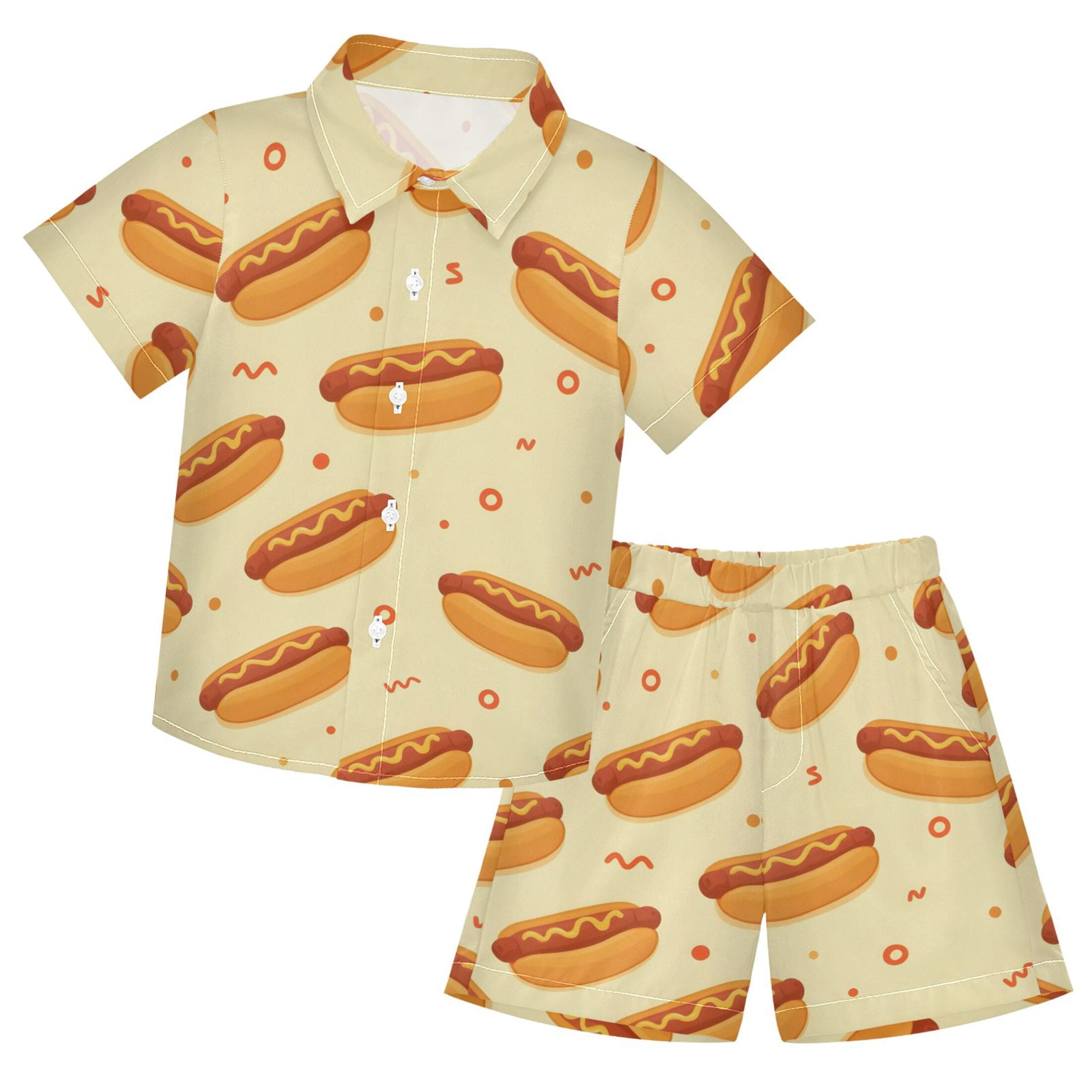 Cartoon Hot Dog Pattern Boys' Hawaiian Shorts Sets Button Down Shirts ...
