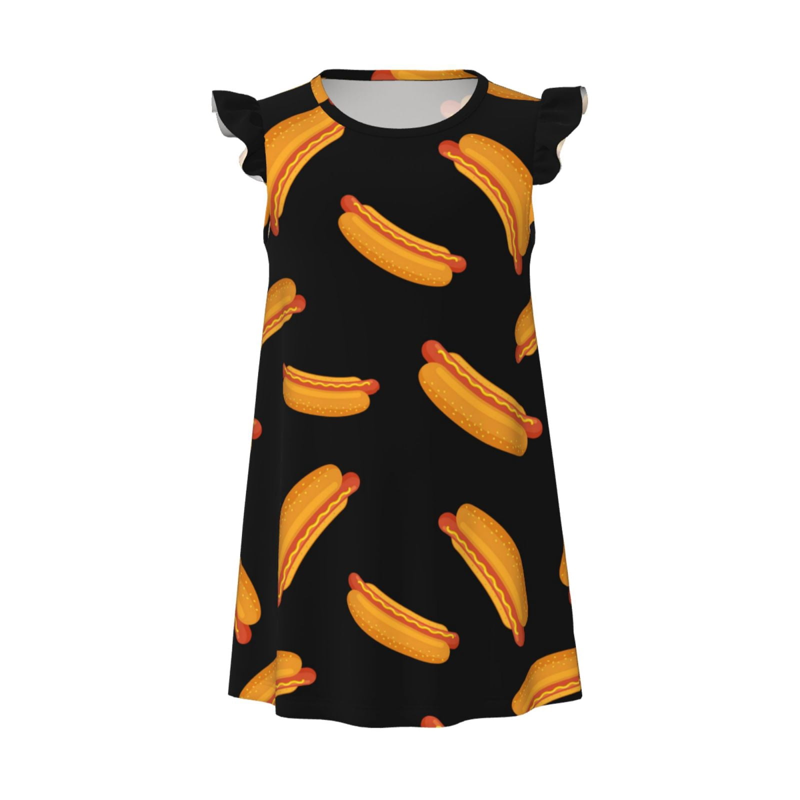 Cartoon Hot Dog Print Black Girls Nightgowns, Pajamas for Girls, Soft ...