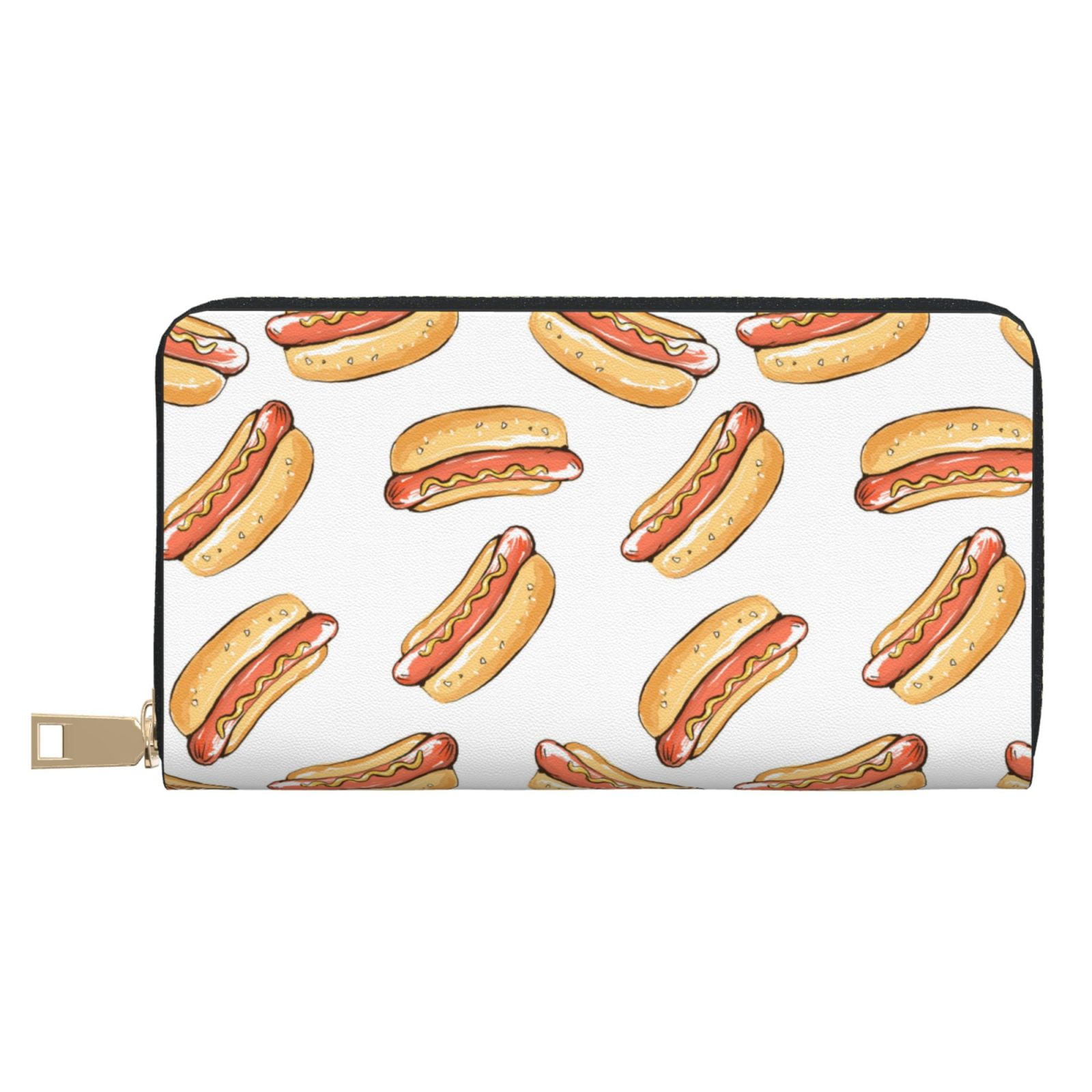 Cartoon Hot Dog Print White Wallet Women, Leather Bifold Multi Card ...