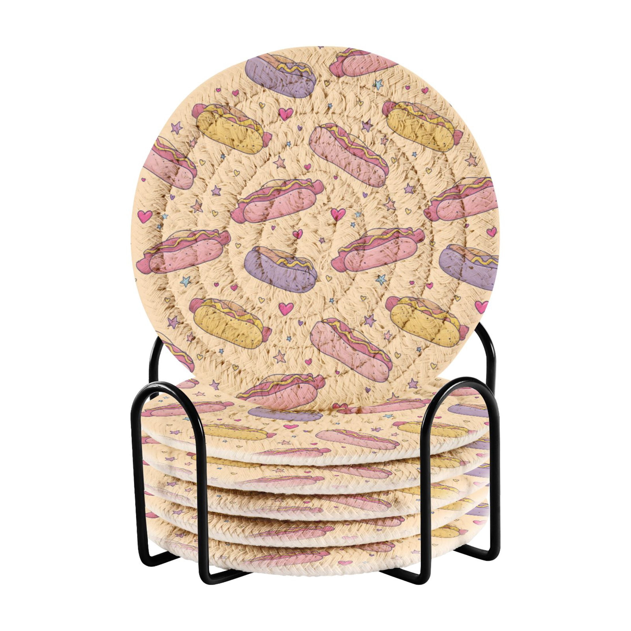 Cartoon Hot Dogs Pattern Bar Coasters 6 Pack Braided Coasters with ...