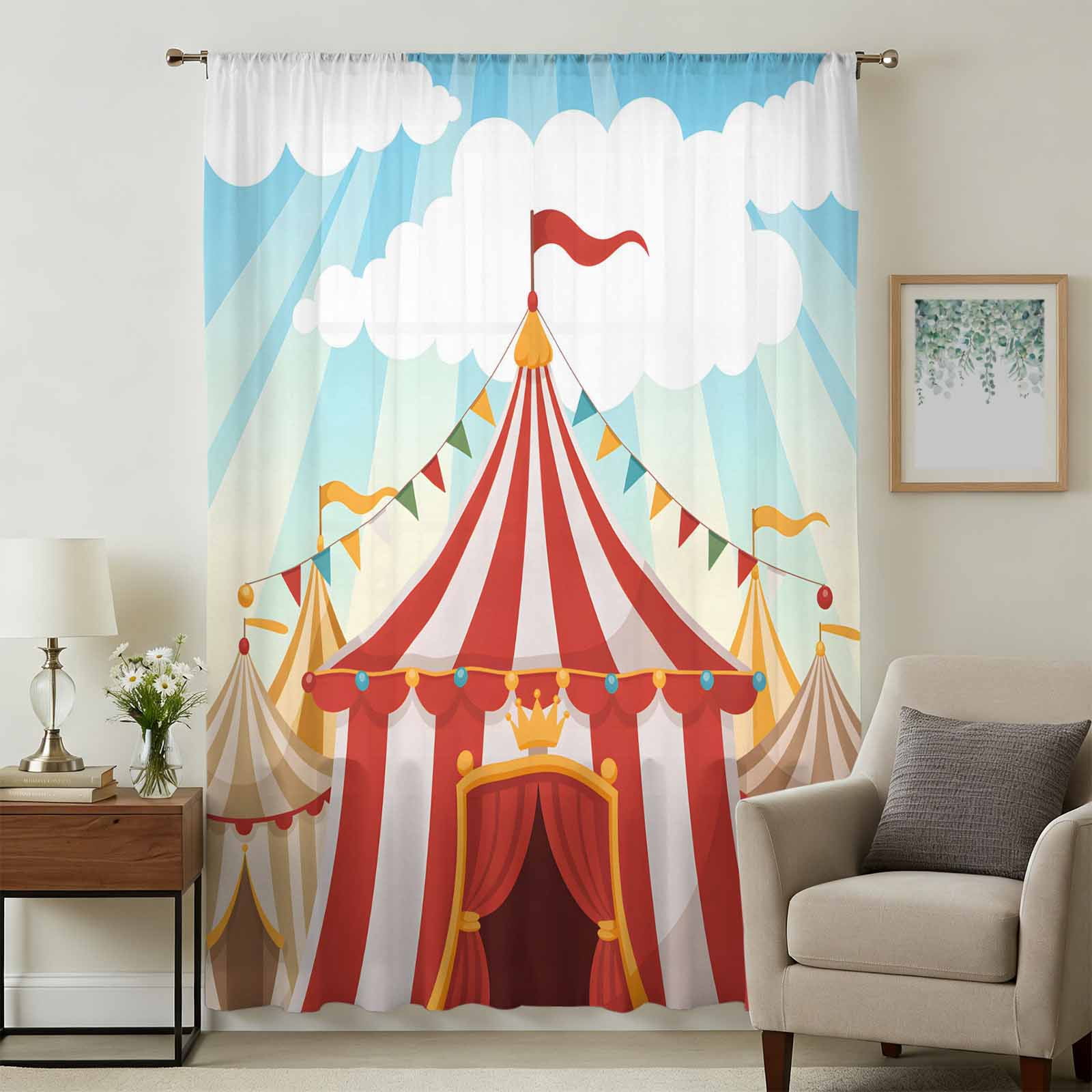 Cartoon House Sheer Curtains 84 Inches Long, Funny Playground Blue Sky ...