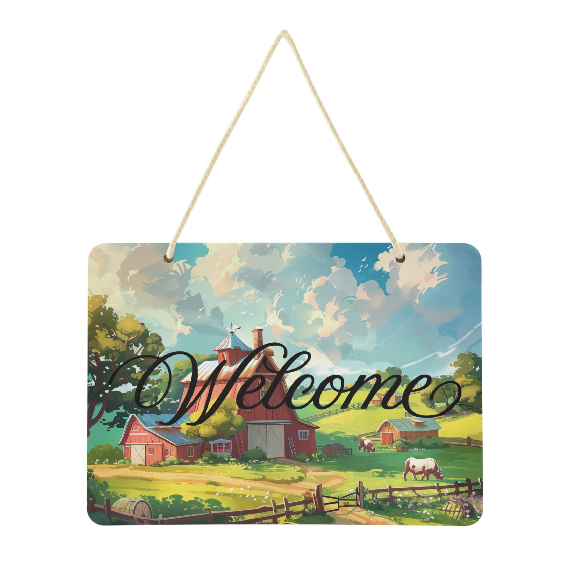 Cartoon House on Farm Welcome Sign Front Door PVC 14x10 inch Hanger ...