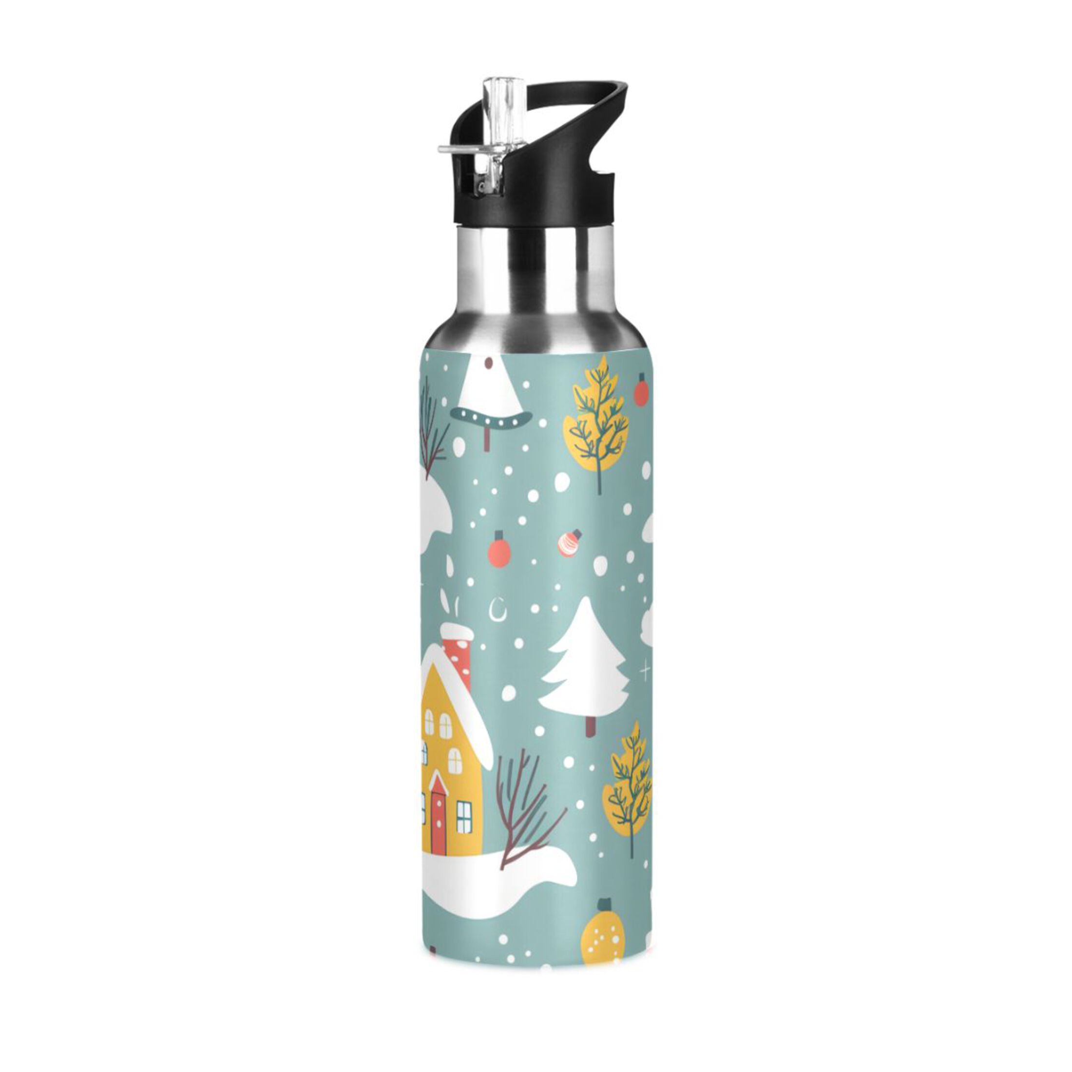 Cartoon Houses Trees with Snow Winter Sports Bottle with Straw ...