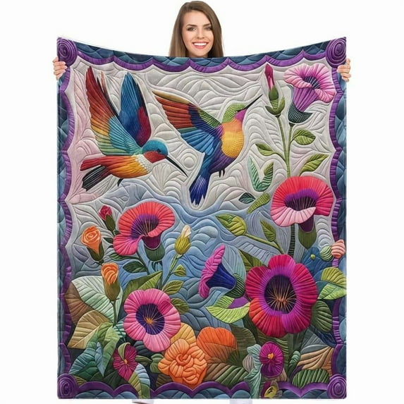 Cartoon Hummingbird & Colorful Flowers Blanket, Valentine's Day Theme ...