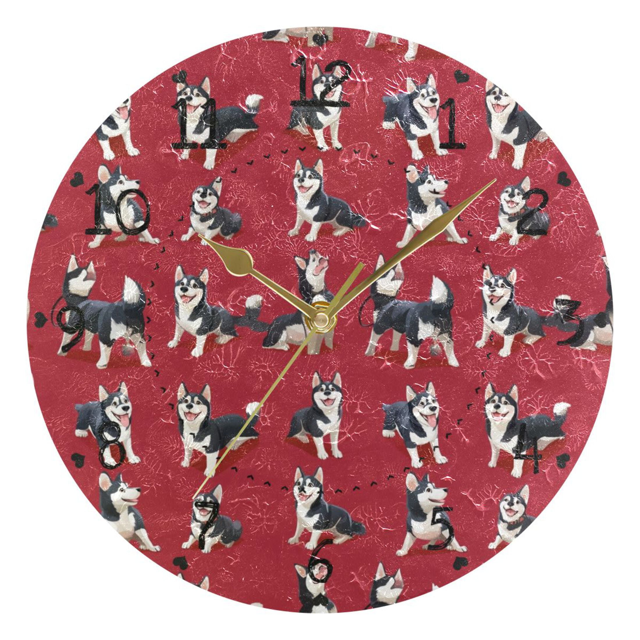 Cartoon Husky Red Round Wall Clock Silent Battery Operated Home Decor ...