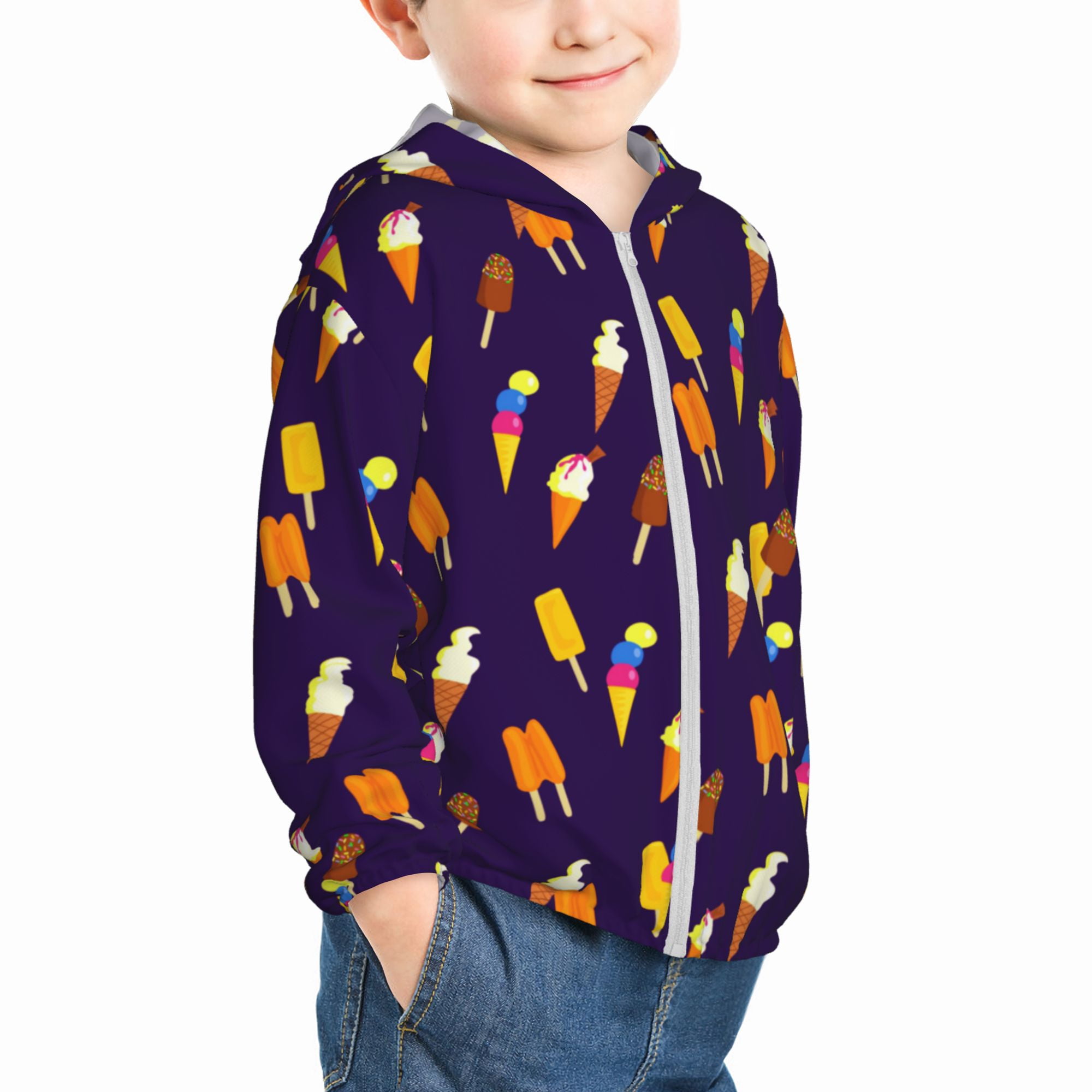 Cartoon Ice Cream Background Kids Zip-Up Hoodie Girls Boys Sun Protection Jacket Hooded Cooling ...