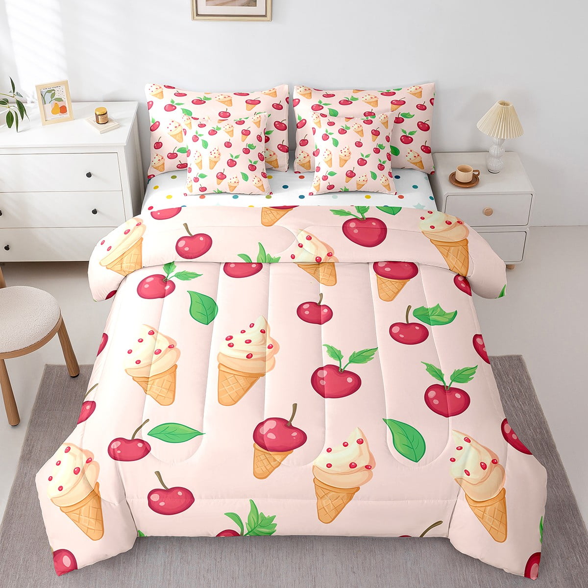 Cartoon Ice Cream Comforter 7 Pieces Cute Cherry Ptint Bed In A Bag ...