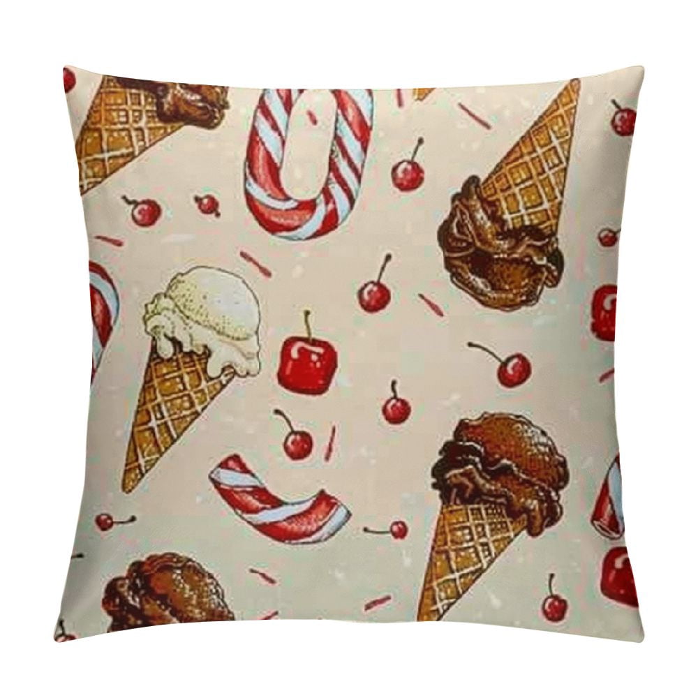 Cartoon Ice Cream Throw Pillow Cover Summer Themed Cute Cherry Print ...