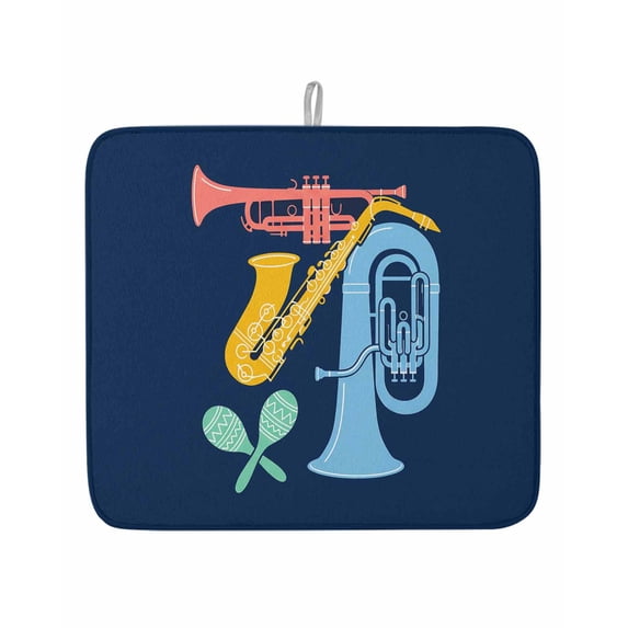 Cartoon Instruments on Navy Blue Dish Drying Mats for Kitchen Counter ...