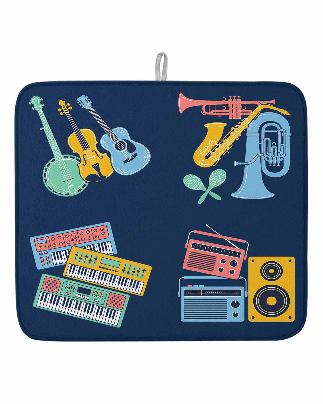 Cartoon Instruments on Navy Blue Dish Drying Mats for Kitchen Counter ...