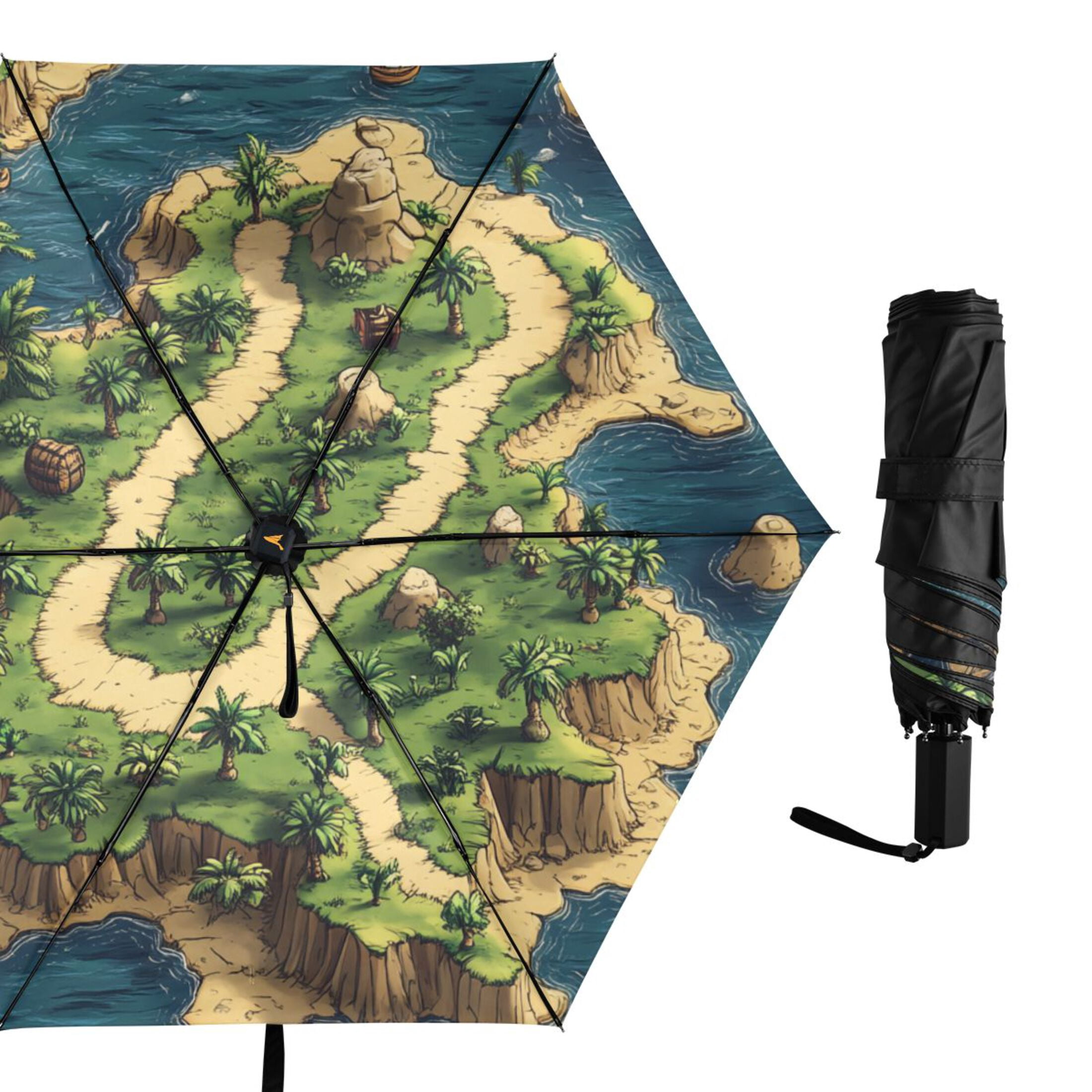 Cartoon Island Trees Sea Triple Folding Umbrella Parasol 6 Ribs UV ...