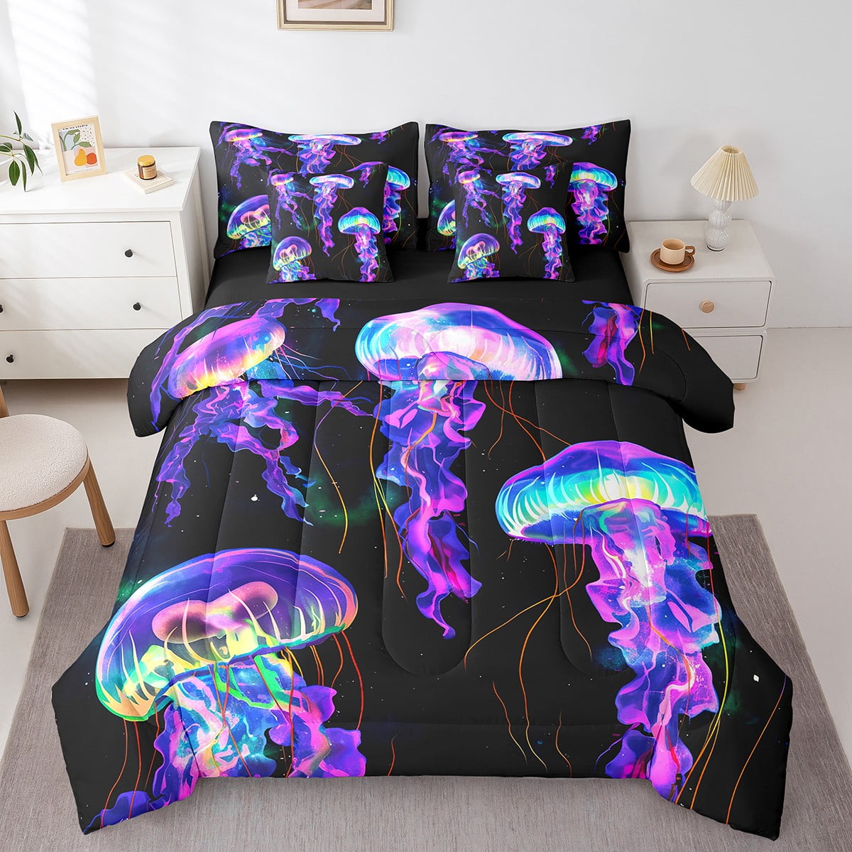 Cartoon Jellyfish Bedding Comforter Sets 7-Piece Sea Animal Bed in a Bag, Purple Teal Navy Blue ...