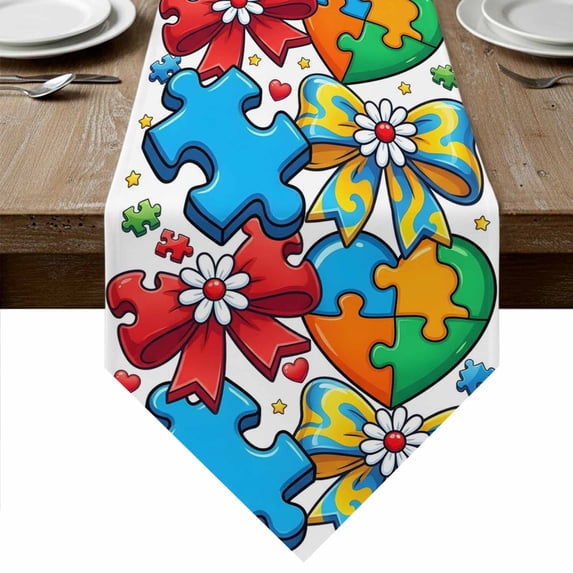 Cartoon Jigsaw Table Runner Linen Burlap Table Runner 70 Inches Long ...
