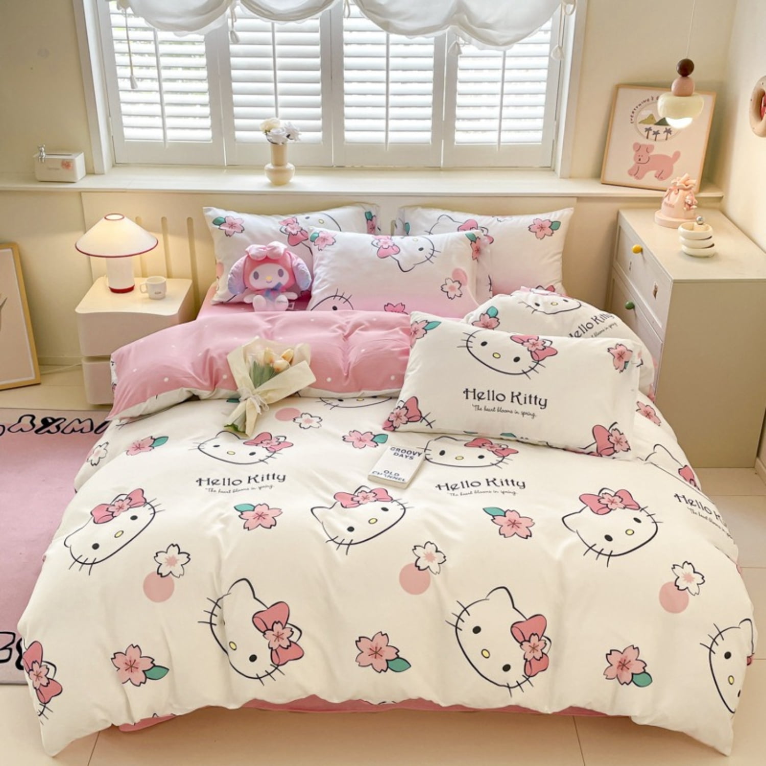 Cartoon KT Cat Kuromi Cinnamoroll Bedding 4-Piece Set Duvet Cover Flat ...