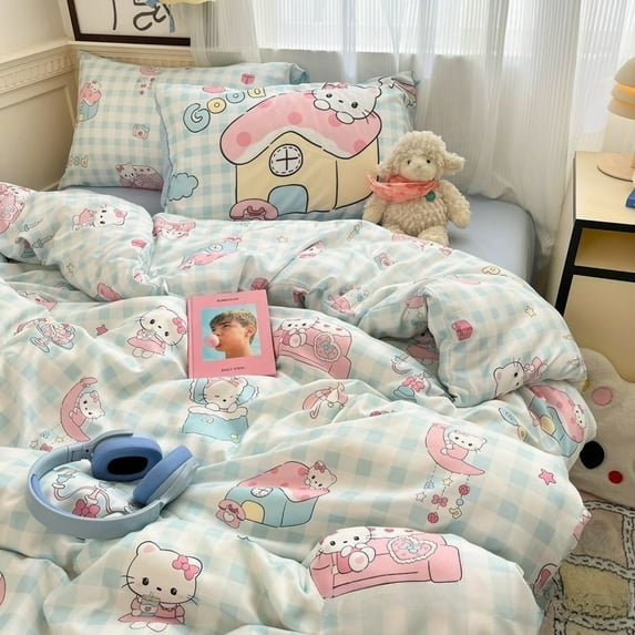 Cartoon KT Cat Kuromi Duvet Cover Flat Bed Sheet Pillowcase Four-piece ...