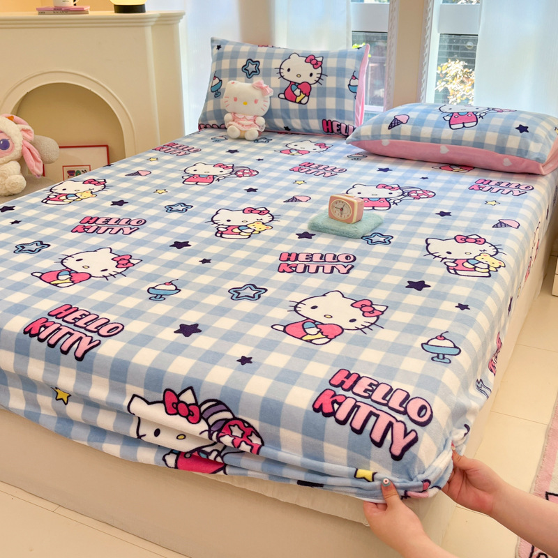 Cartoon KT Kuromi Cinnamoroll milk velvet winter thickened fitted bed sheet 3-piece set (bed hat ...