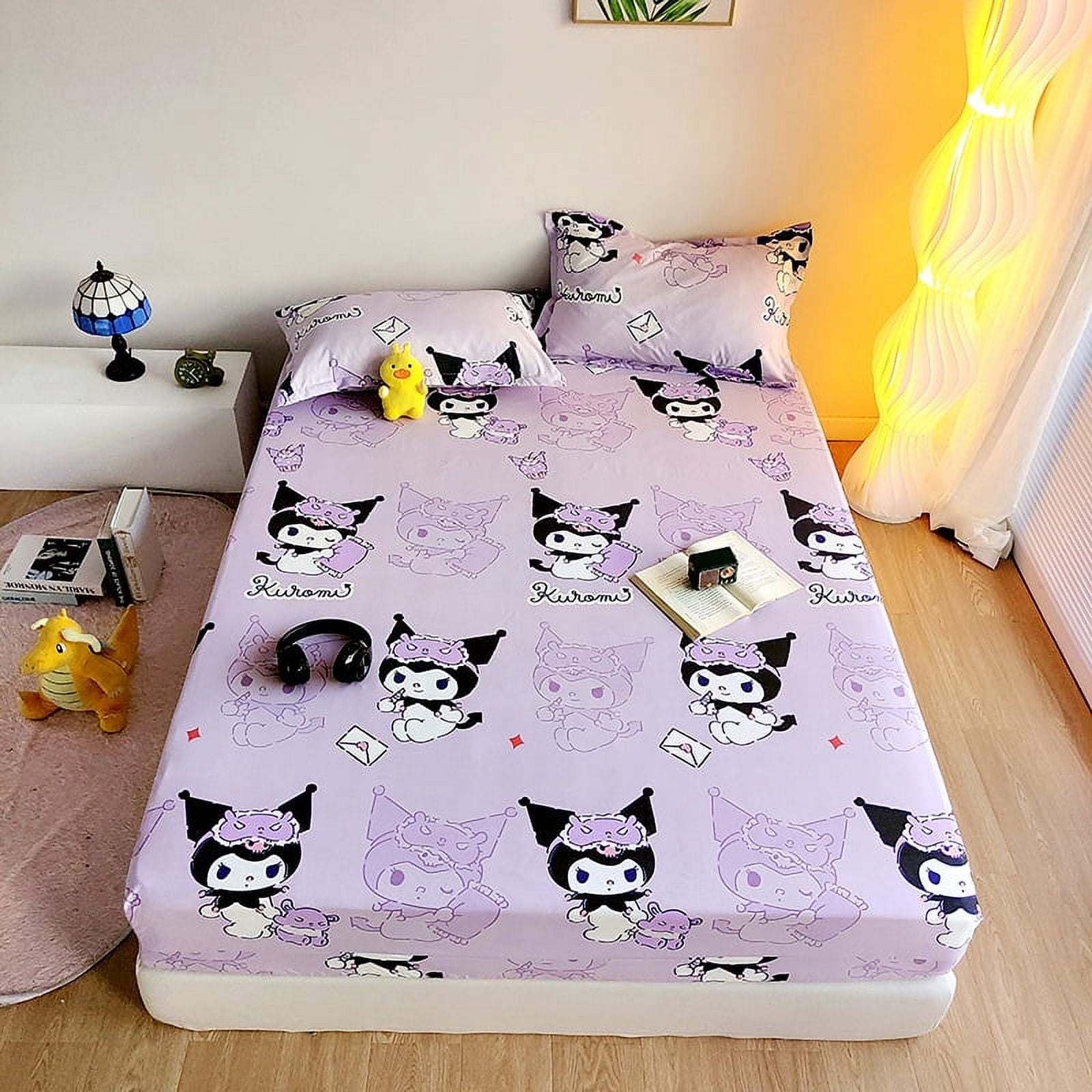 Cartoon KT cat Cinnamoroll Kuromi fitted bed sheet 3pcs set( bed hat +2*pillow case)/2pcs set ...