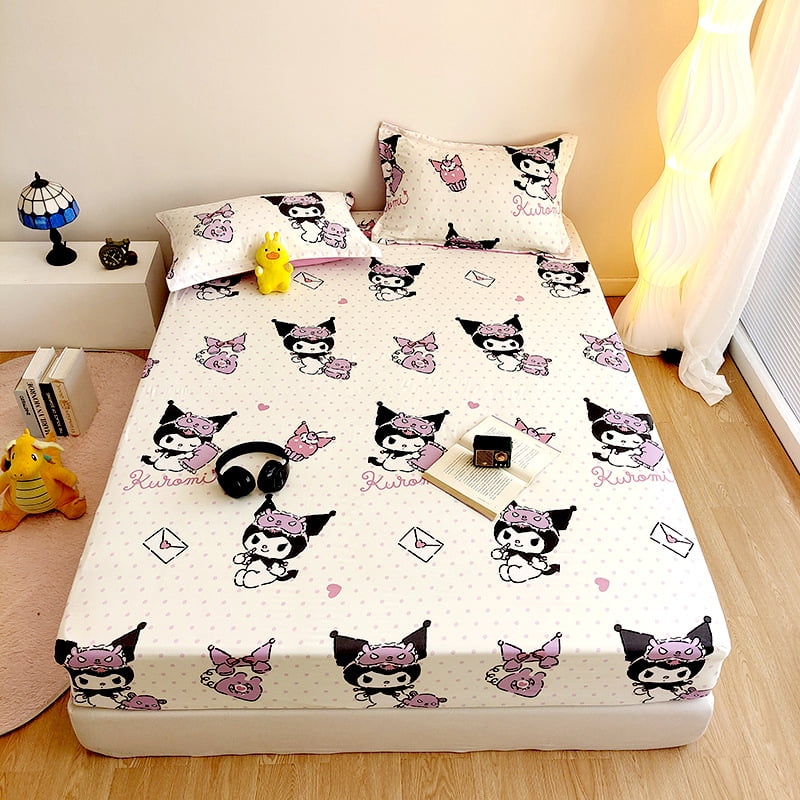 Cartoon KT cat Cinnamoroll Kuromi fitted bed sheet 3pcs set( bed hat +2*pillow case)/2pcs set ...