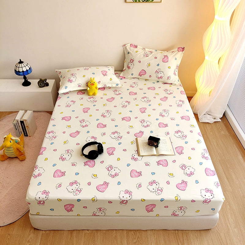 Cartoon KT cat Cinnamoroll Kuromi fitted bed sheet 3pcs set( bed hat +2*pillow case)/2pcs set ...