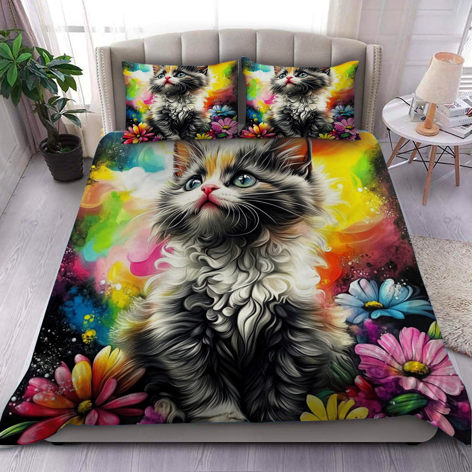 Cartoon Kawaii Cat Comforter Set Twin Size 3D Animals Flower Toddler ...