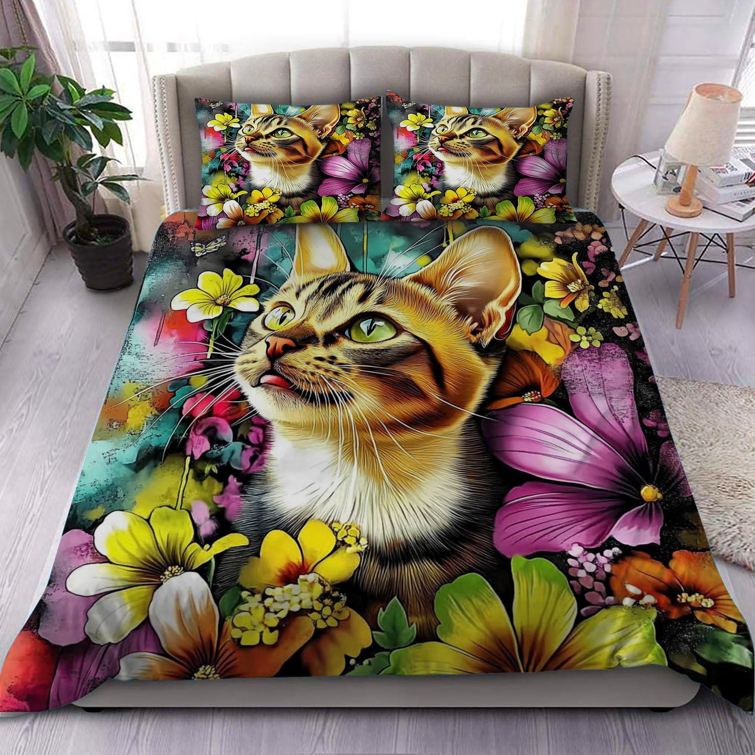 Cartoon Kawaii Cat Comforter Set Twin Size 3D Animals Flower Toddler Bedding Set Cat Lovers ...