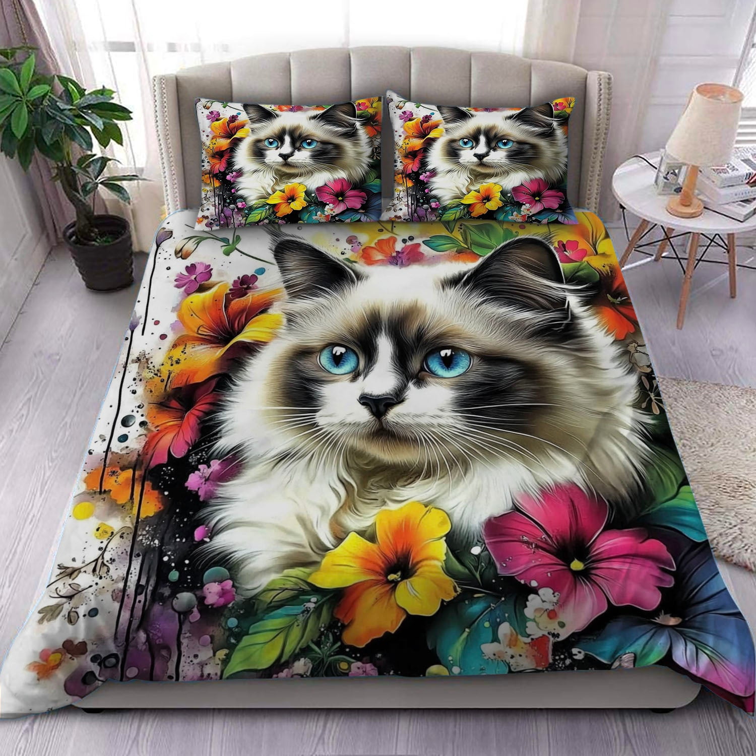 Cartoon Kawaii Cat Comforter Set Twin Size 3D Animals Flower Toddler ...