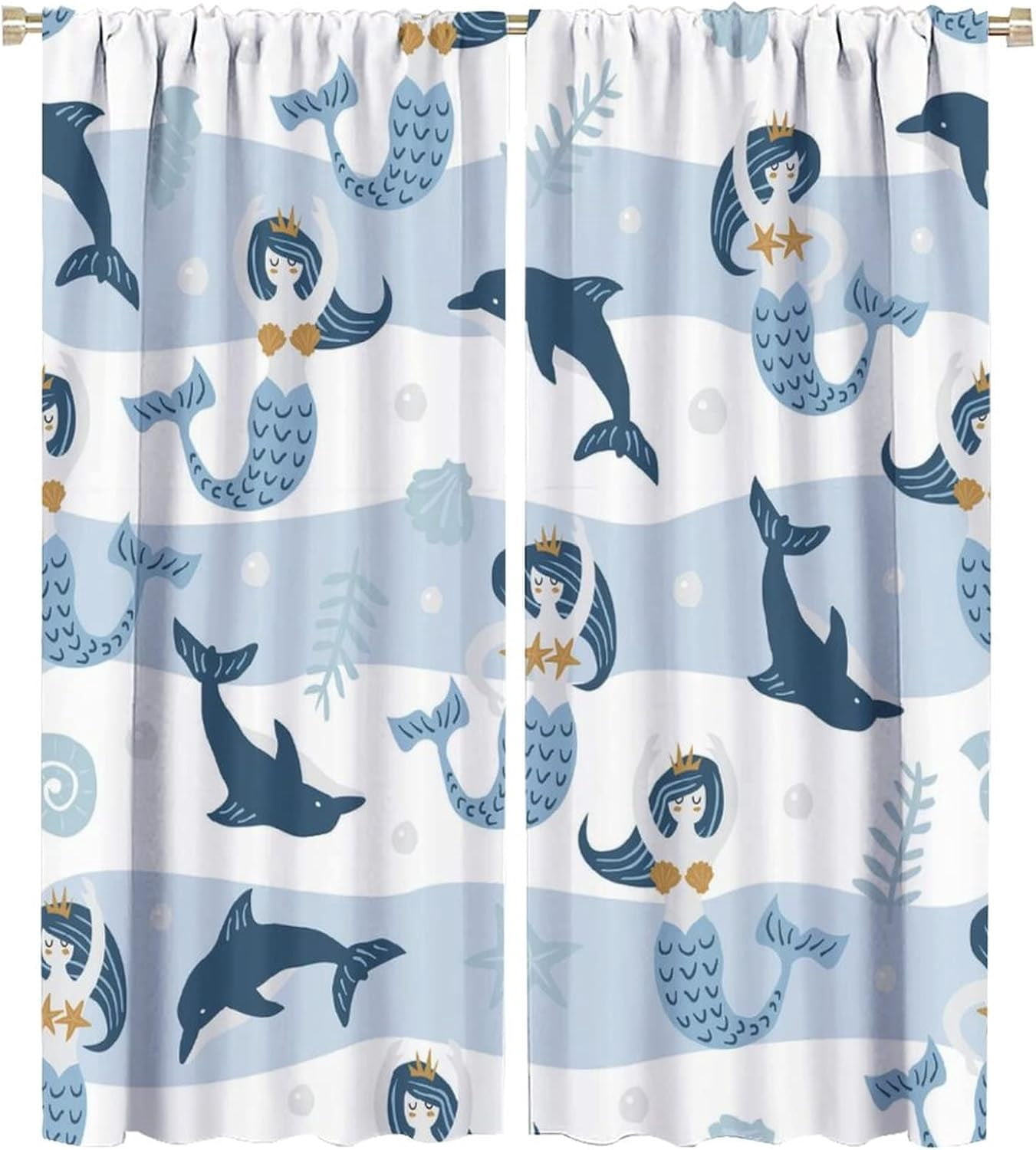 Cartoon Kids Curtains,Ocean Theme Cute Dolphin and Mermaid Window ...