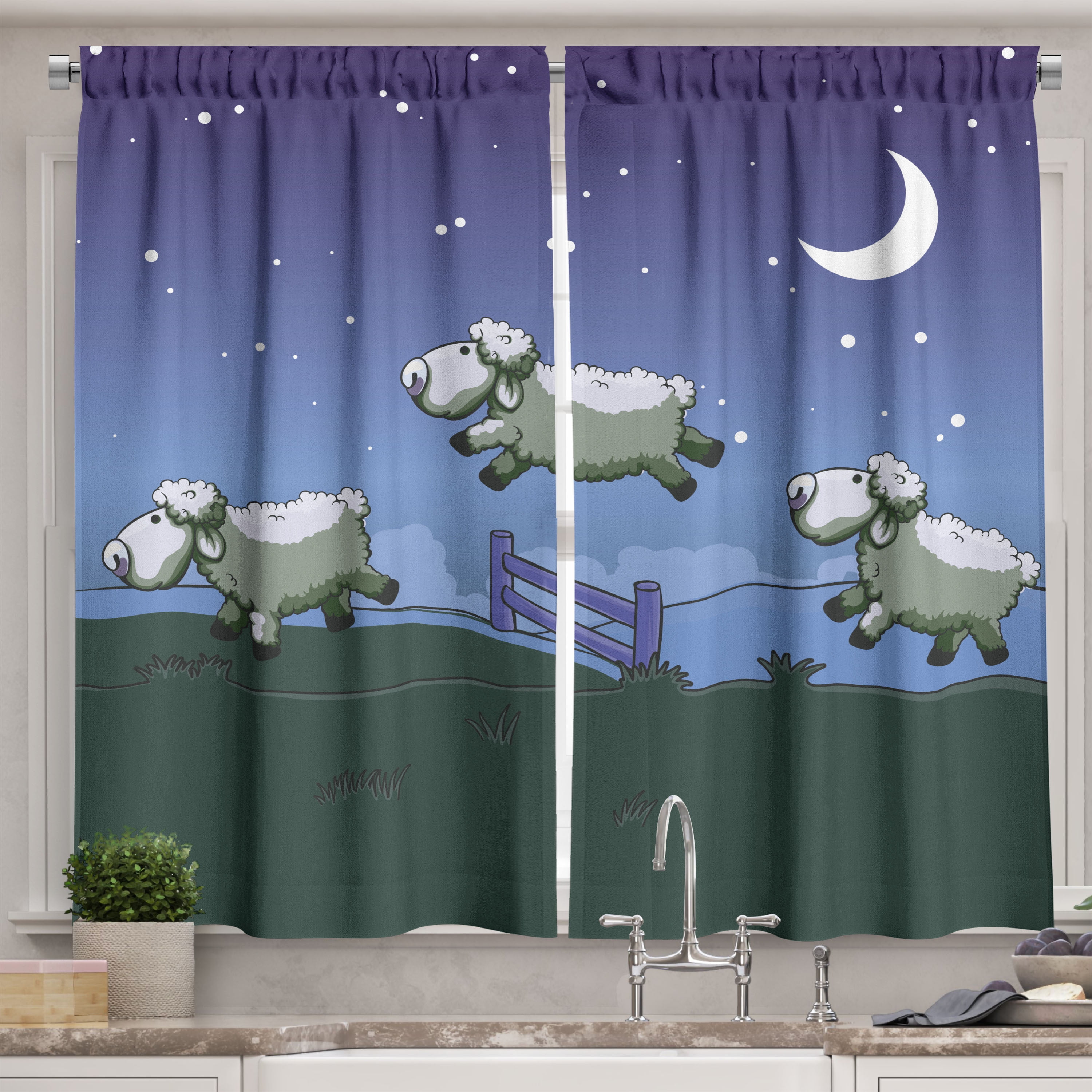 Cartoon Kitchen Curtains, Counting Sheep to Sleep Fluffy Farm Animals ...