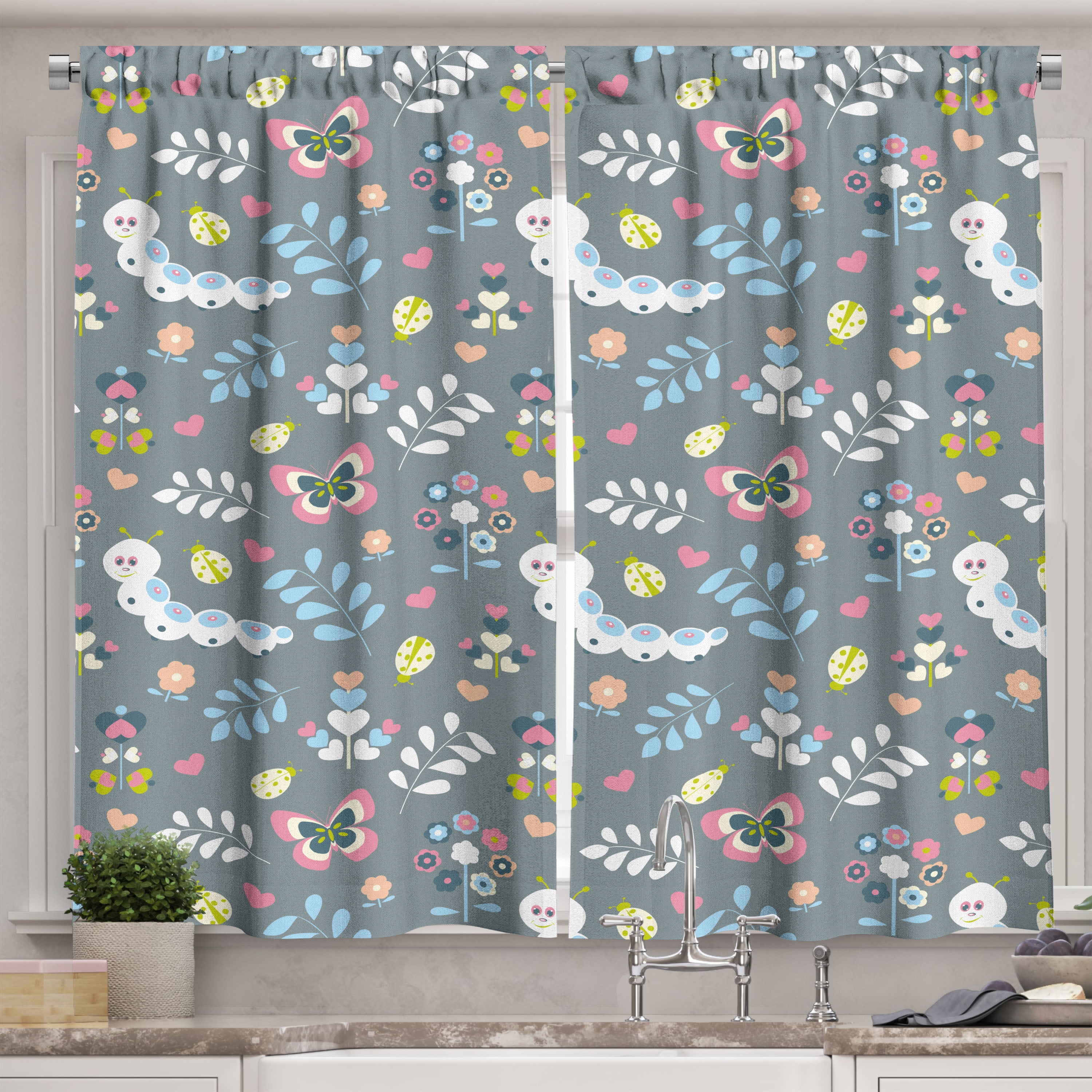 Cartoon Kitchen Curtains, Earth Worms Ladybugs Birds Flowers Pastel ...