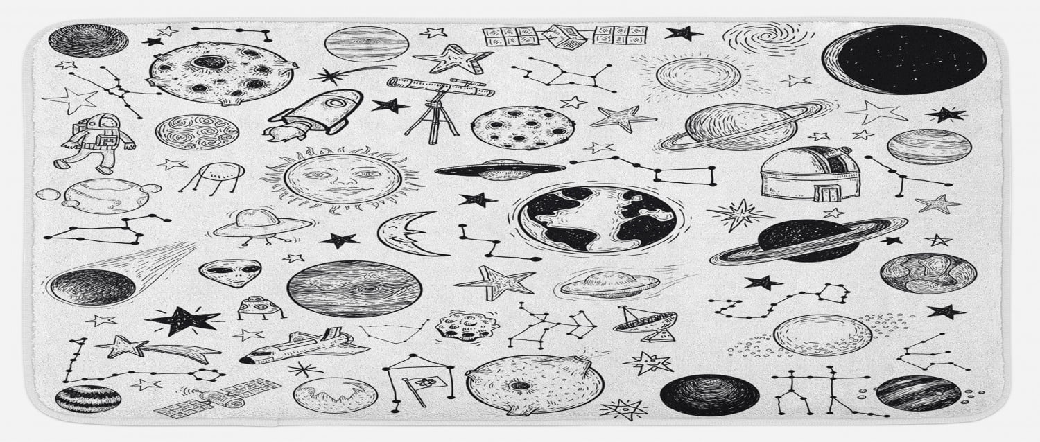 Cartoon Kitchen Mat, Hand Drawn Planets Asteroids Constellations ...