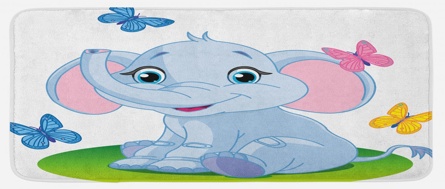 Cartoon Kitchen Mat, Sitting on the Meadow in Spring Time with ...