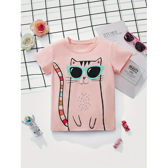 Cartoon Kitten With Sunglasses Graphic Print Tee, Girls Comfy & Trendy ...