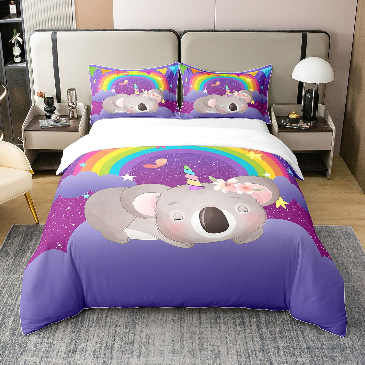 Cartoon Koala 100% Cotton Duvet Cover Queen Cute Rainbow Galaxy Glitter ...