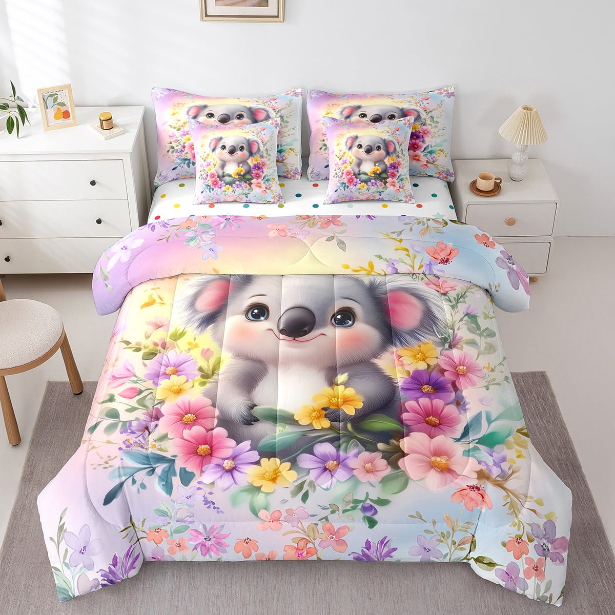 Cartoon Koala Bedding Set King Size 7 Pcs,Spring Flowers Plant Bed Set ...
