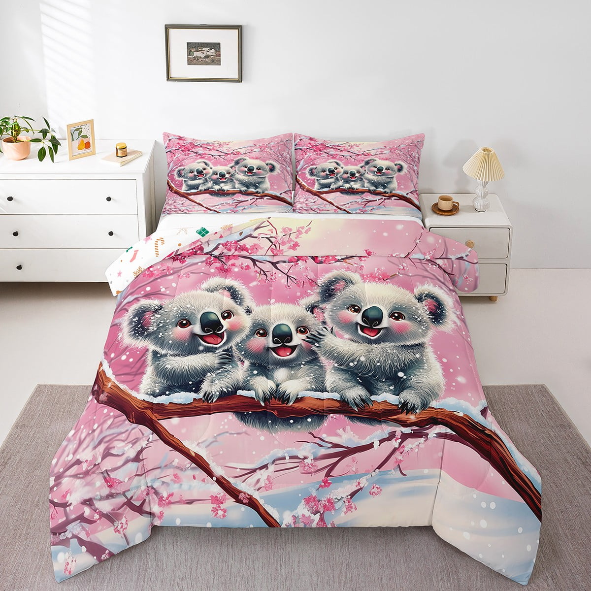 Cartoon Koala Comforter Sets Pink Cherry Blossom Bedding Set Cute ...