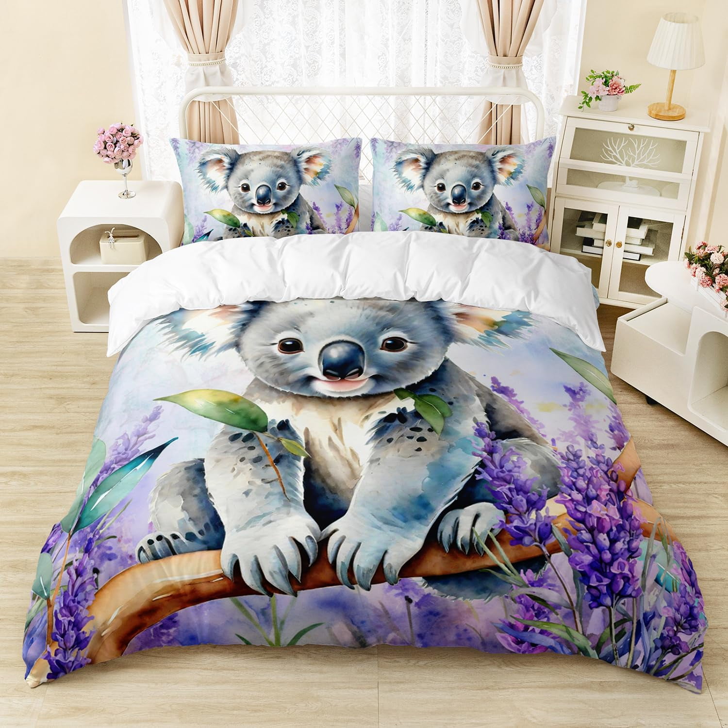 Cartoon Koala Duvet Cover Set, Kawaii Sloth Bedding Set for Girls ...