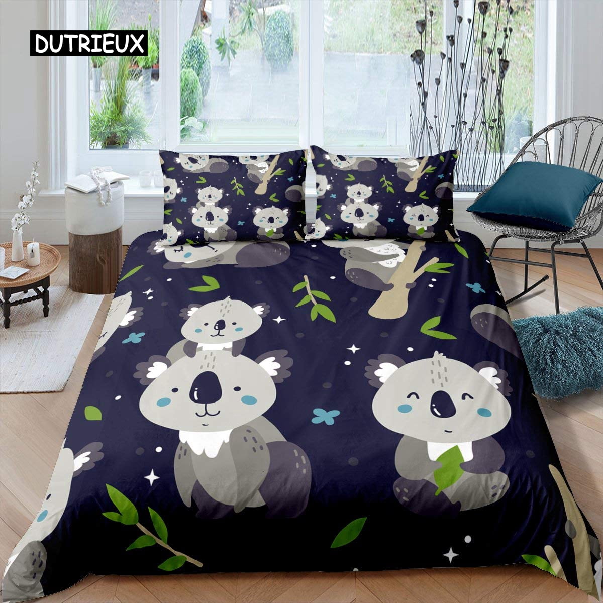 Cartoon Koala Duvet Cover Set Strip Background Cute Koala Print Bedding ...