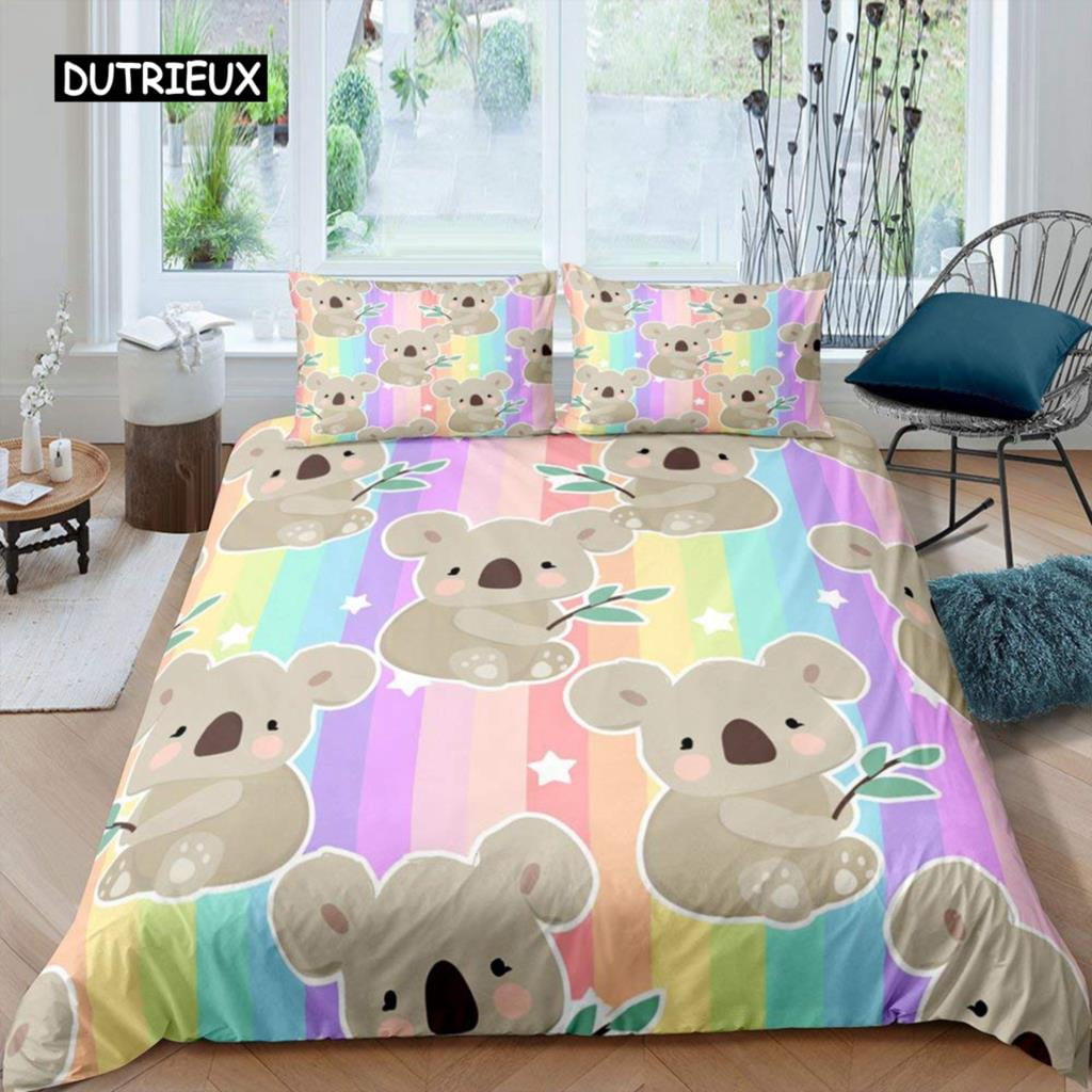 Cartoon Koala Duvet Cover Set Strip Background Cute Koala Print Bedding ...